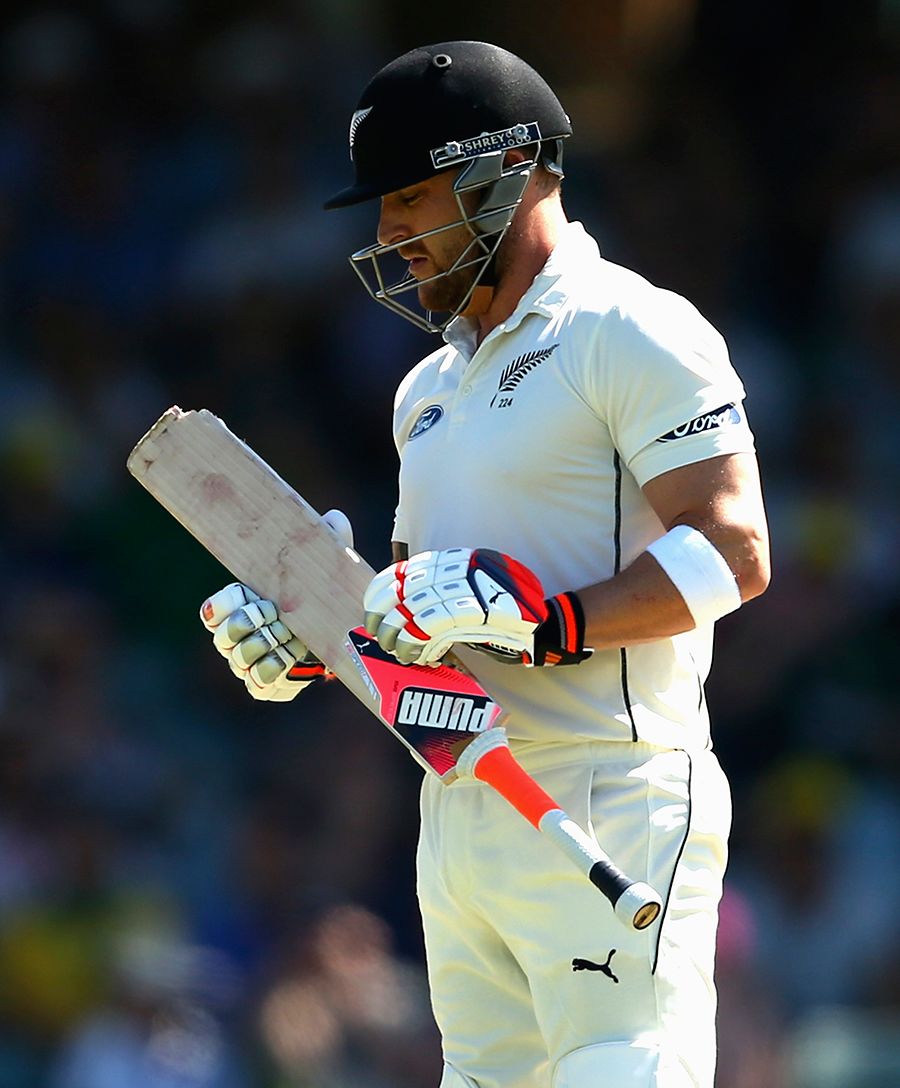 A chunk of Brendon McCullum's bat was broken by Mitchell Starc ...