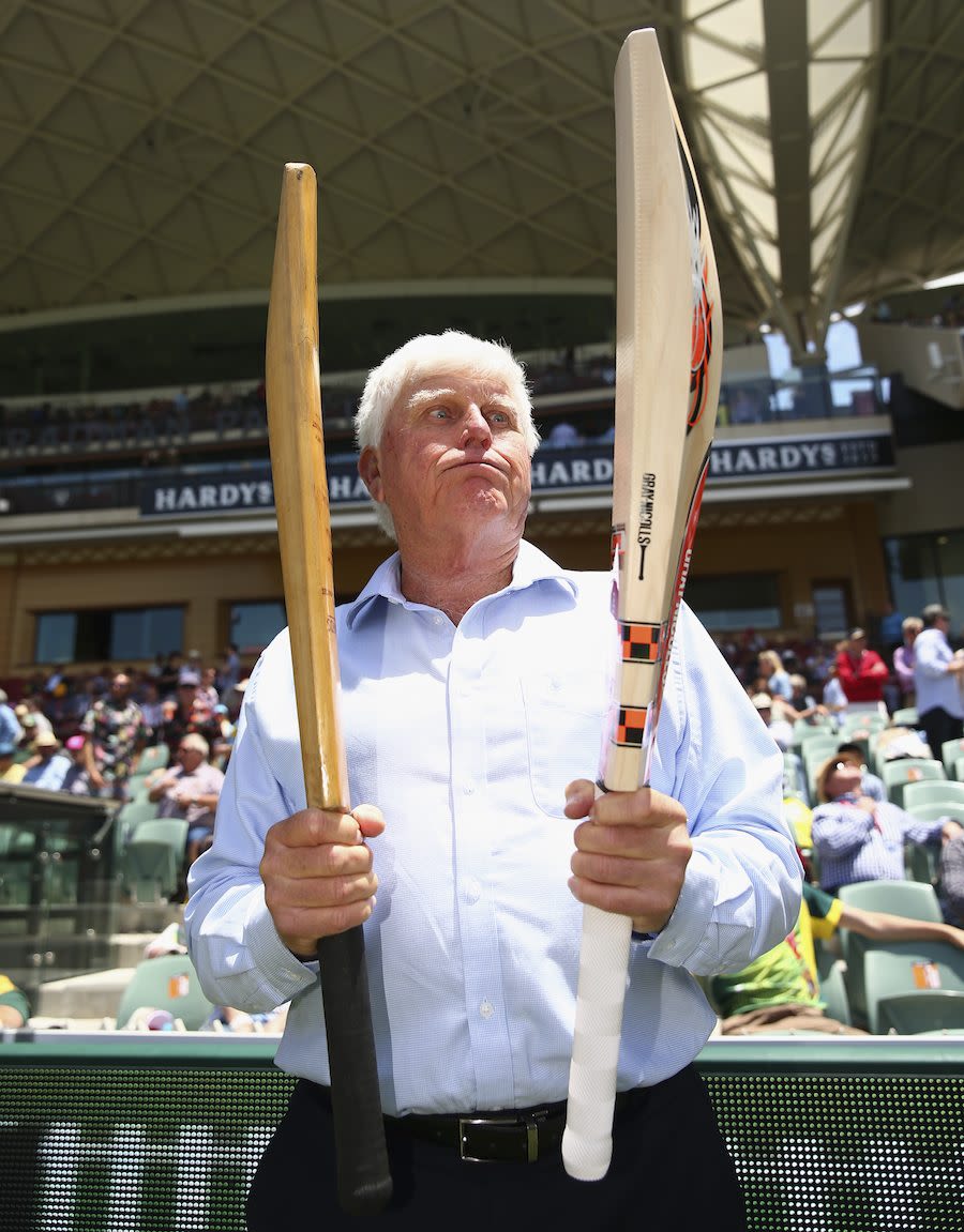 Barry Richards holds the bat with which he made 325 in a day at the ...