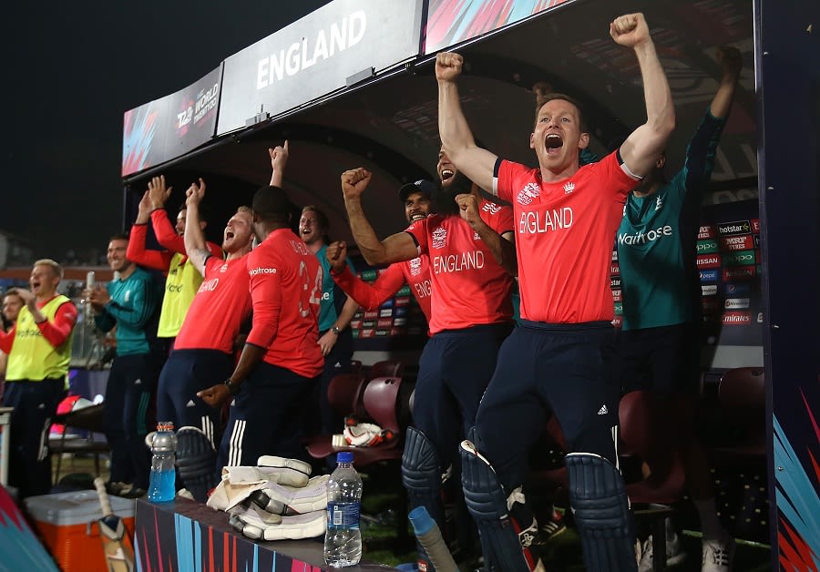 The England dugout erupts with joy after completing a seven-wicket win ...