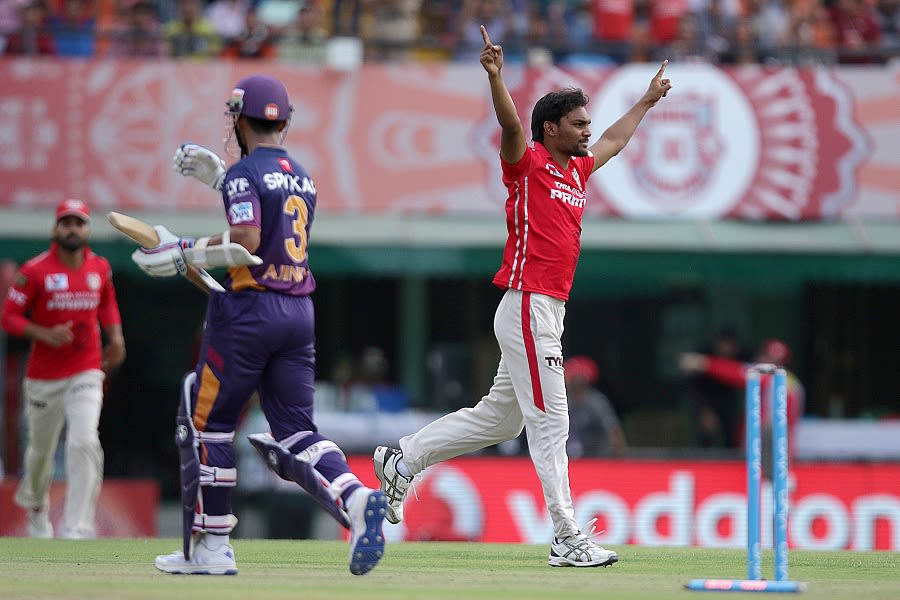 Sandeep Sharma celebrates after cleaning up Ajinkya Rahane ...