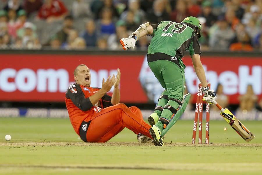 Trent Lawford reacts after missing a run out of Michael Beer ...
