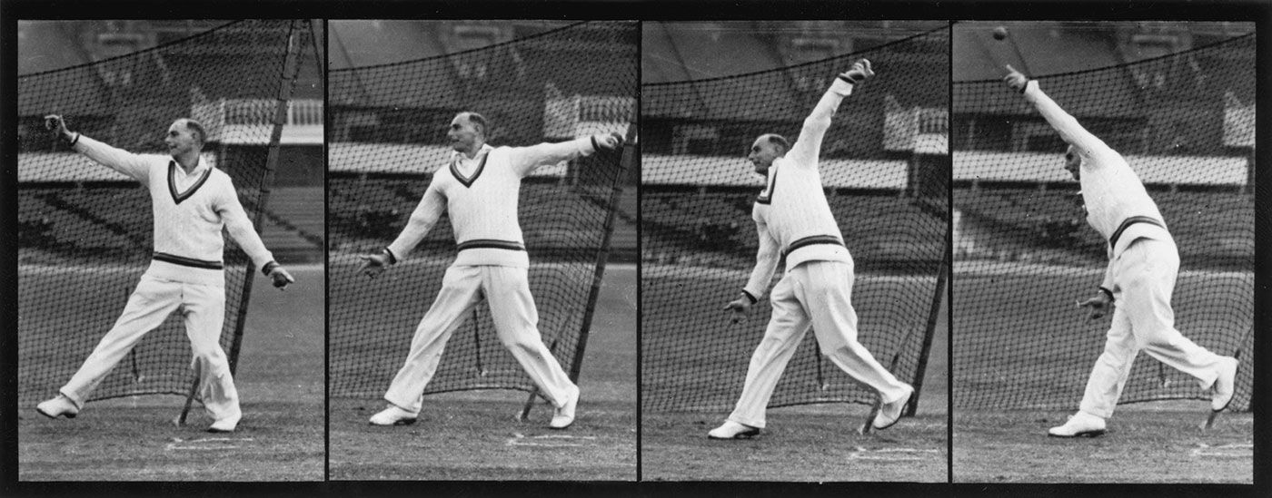 A composite of four images shows Hedley Verity's bowling action ...