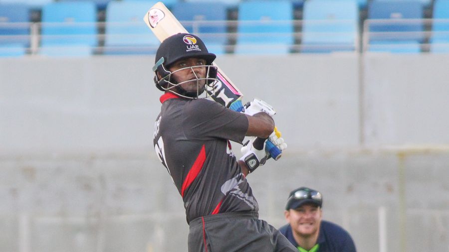 Amjad Javed gets off the mark pulling a six over midwicket ...