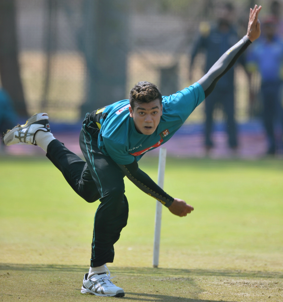 Taskin Ahmed bowls during a practice session in Hyderabad ...