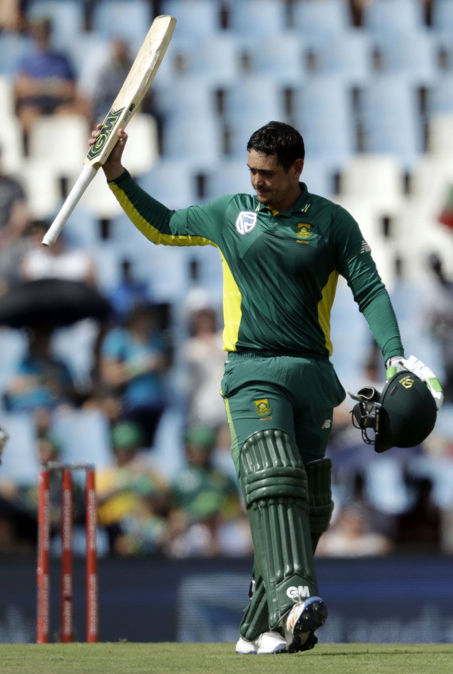 Quinton de Kock raises his bat on reaching his 12th ODI hundred ...