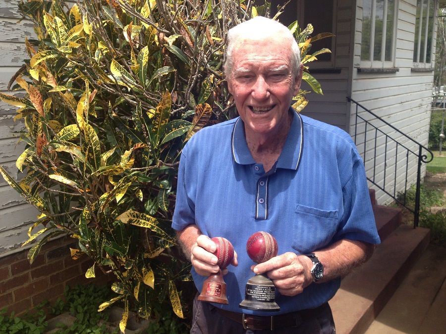 Peter Allan shows the balls with which he took his ten-fors ...
