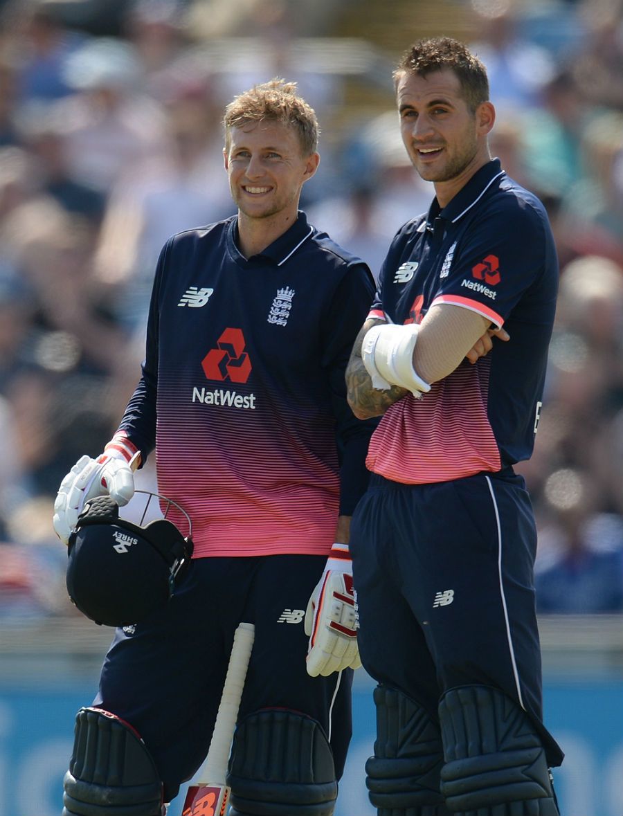 Joe Root and Alex Hales take a breather during their second-wicket ...