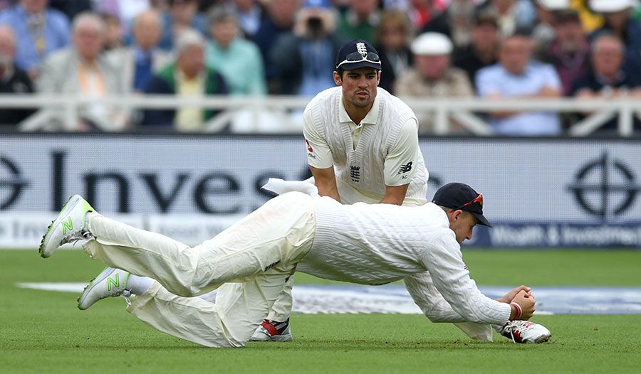 Joe Root took a sharp catch at second slip to remove Keshav Maharaj ...