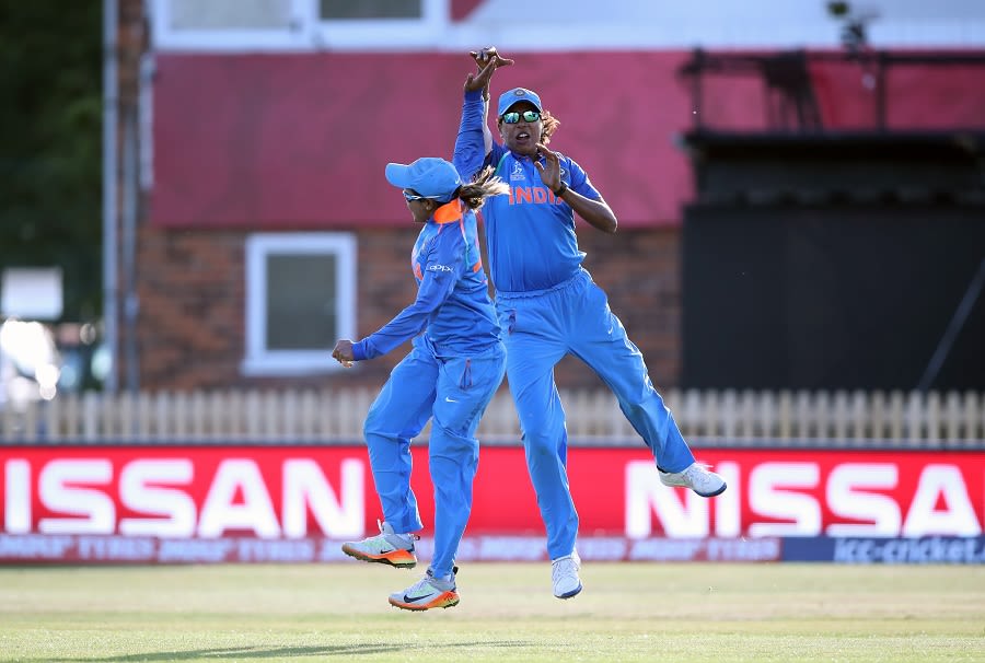 Jhulan Goswami andd Veda Krishnamurthy celebrate an Australia wicket ...