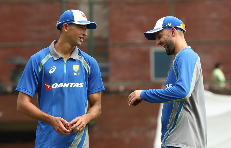 Ashton Agar and Nathan Lyon share a lighter moment at training ...