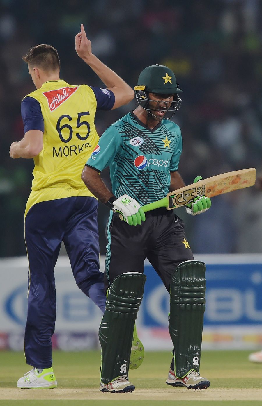 Fakhar Zaman lets out a roar of frustration after Morne Morkel sniped him out in the first over ...