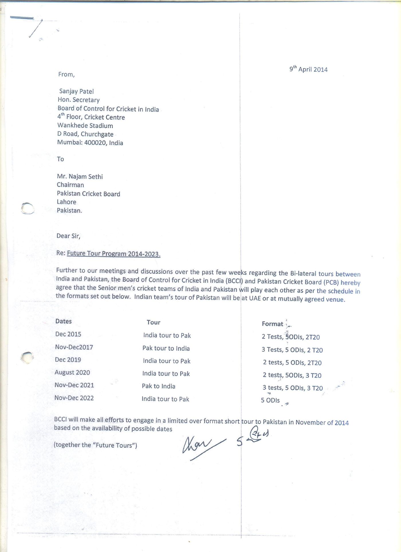 A page from a letter from former BCCI secretary Sanjay Patel to Najam ...