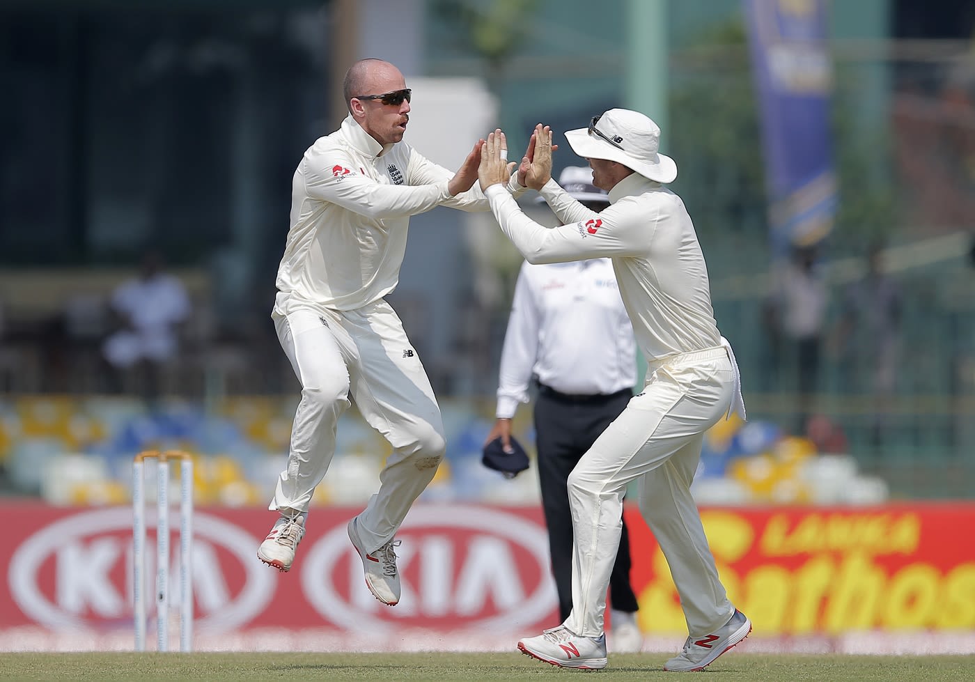 Jack Leach takes flight after dismissing Lakshan Sandakan ...
