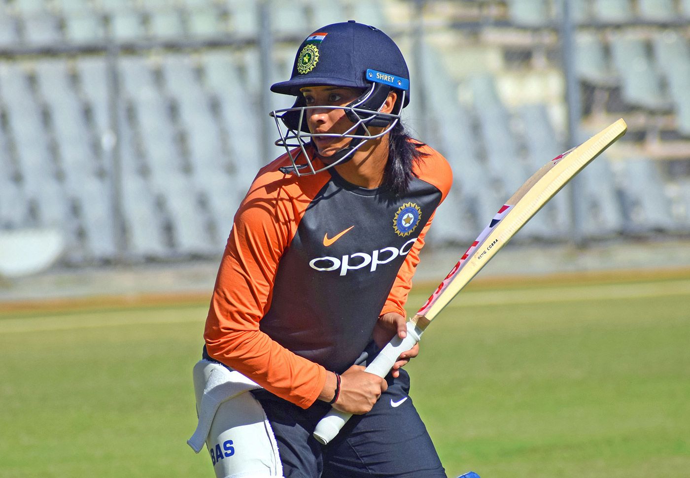 Smriti Mandhana in her batting stance at a training session ...