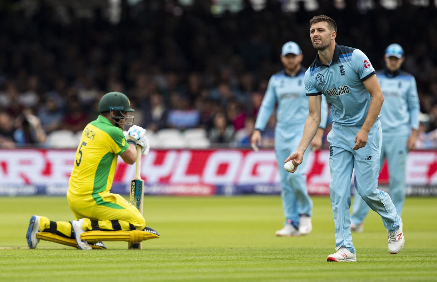 Aaron Finch catches his breath after being struck by a Chris Woakes ...