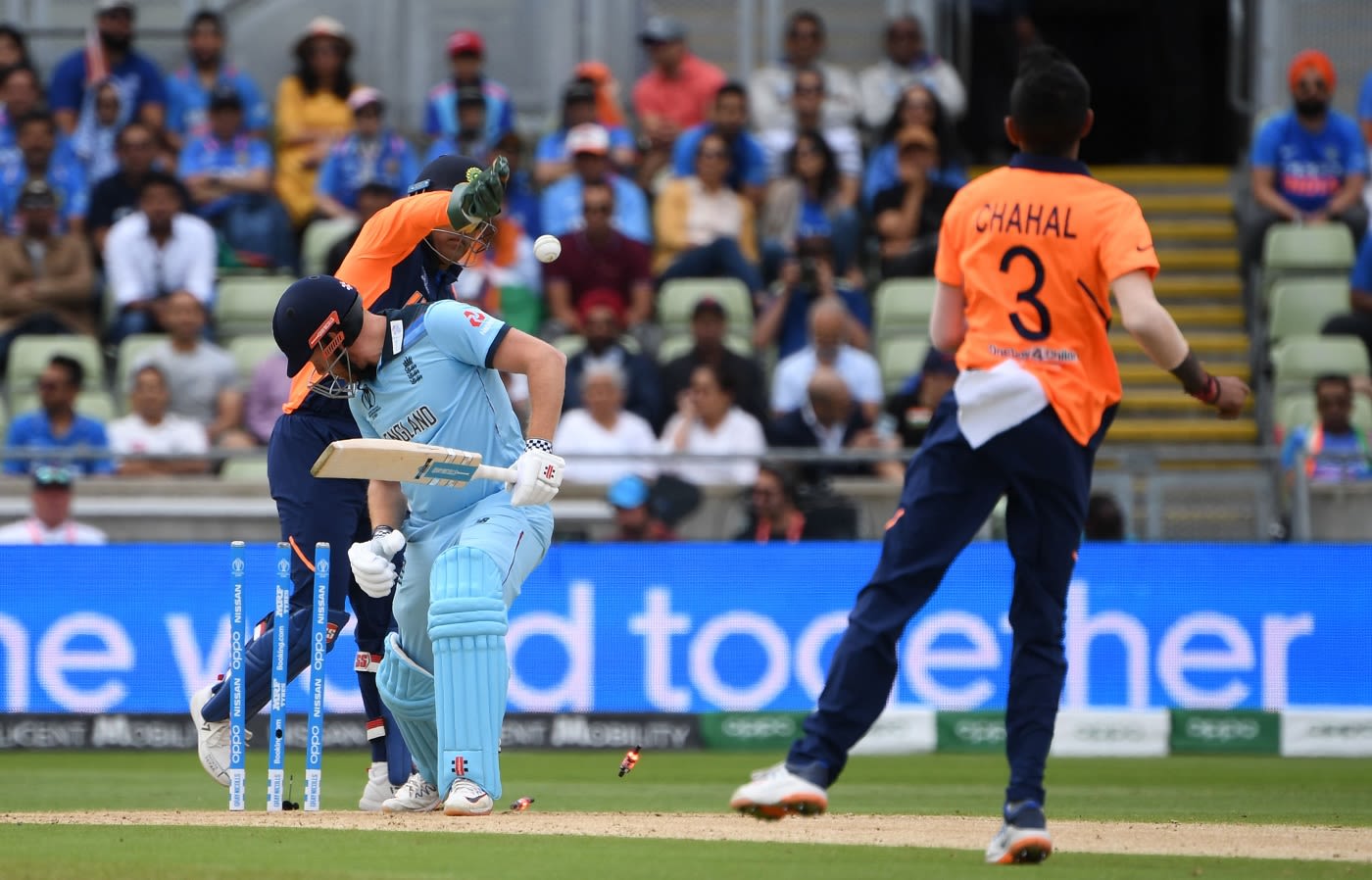 Jonny Bairstow reacts after an attempted stumping by MS Dhoni ...