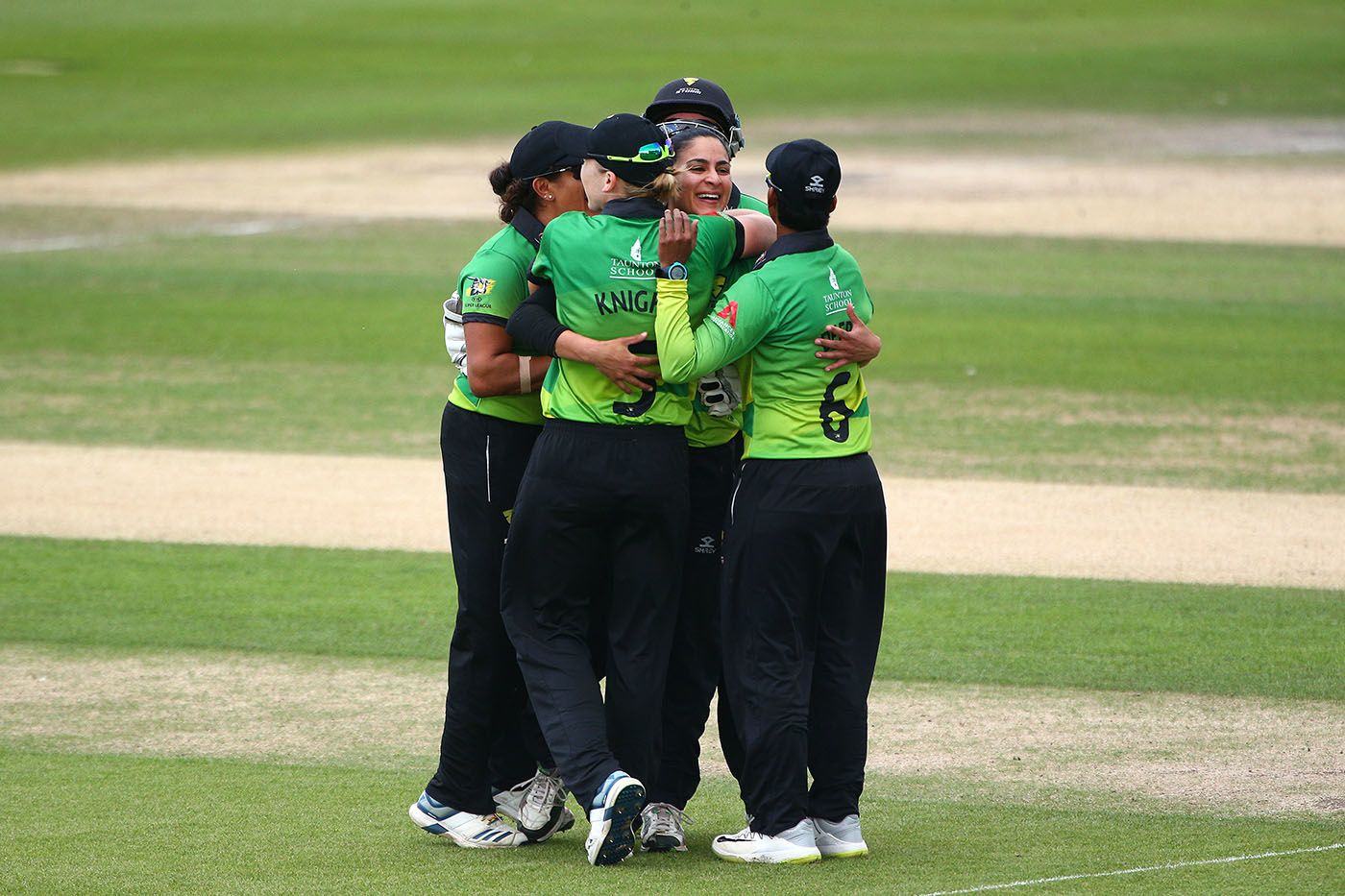 Sonia Odedra celebrates with team-mates after taking the wicket of ...
