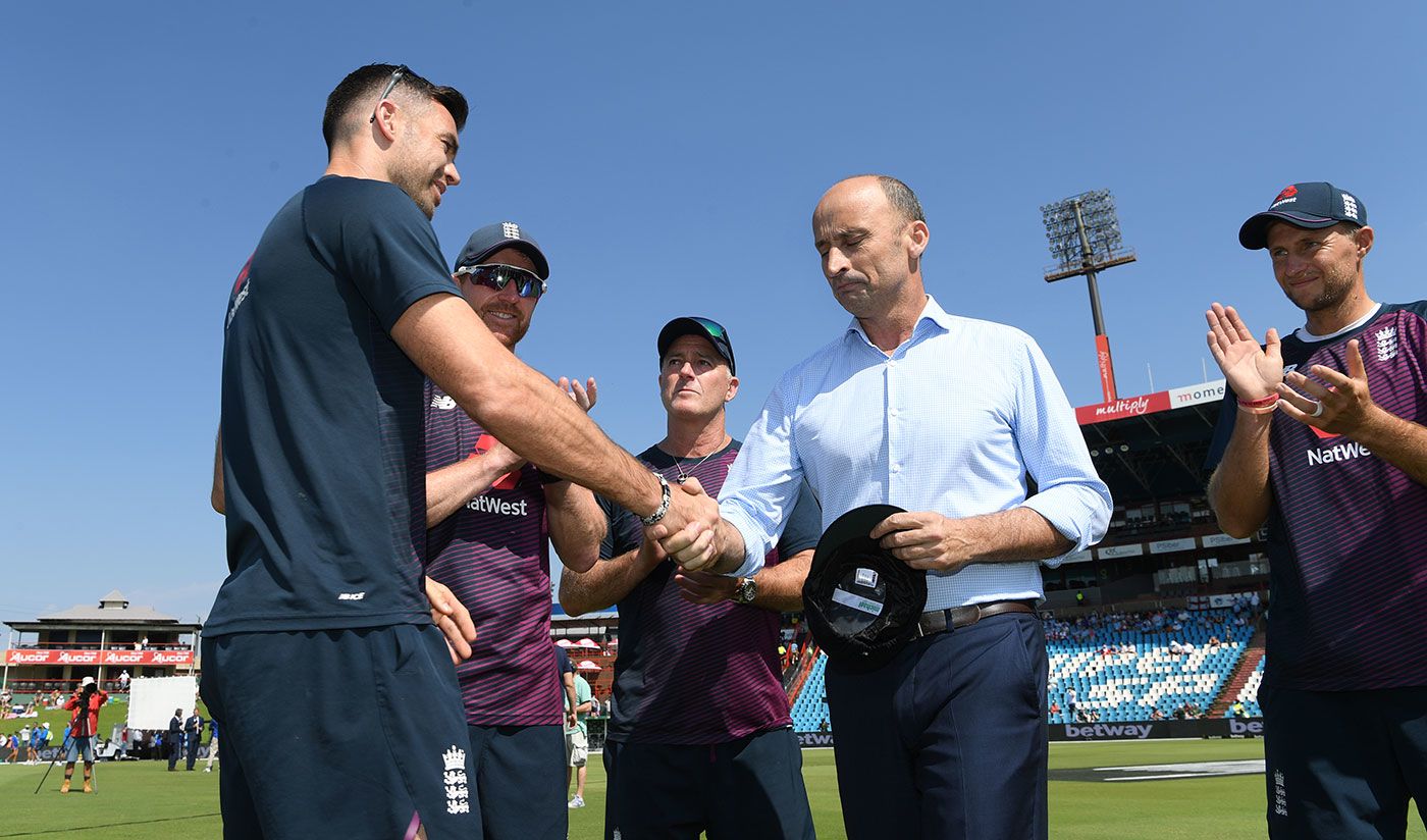 James Anderson receives his 150th Test cap from Nasser Hussain ...