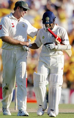 Matthew Hayden offers his congratulations, as Sachin Tendulkar bats ...