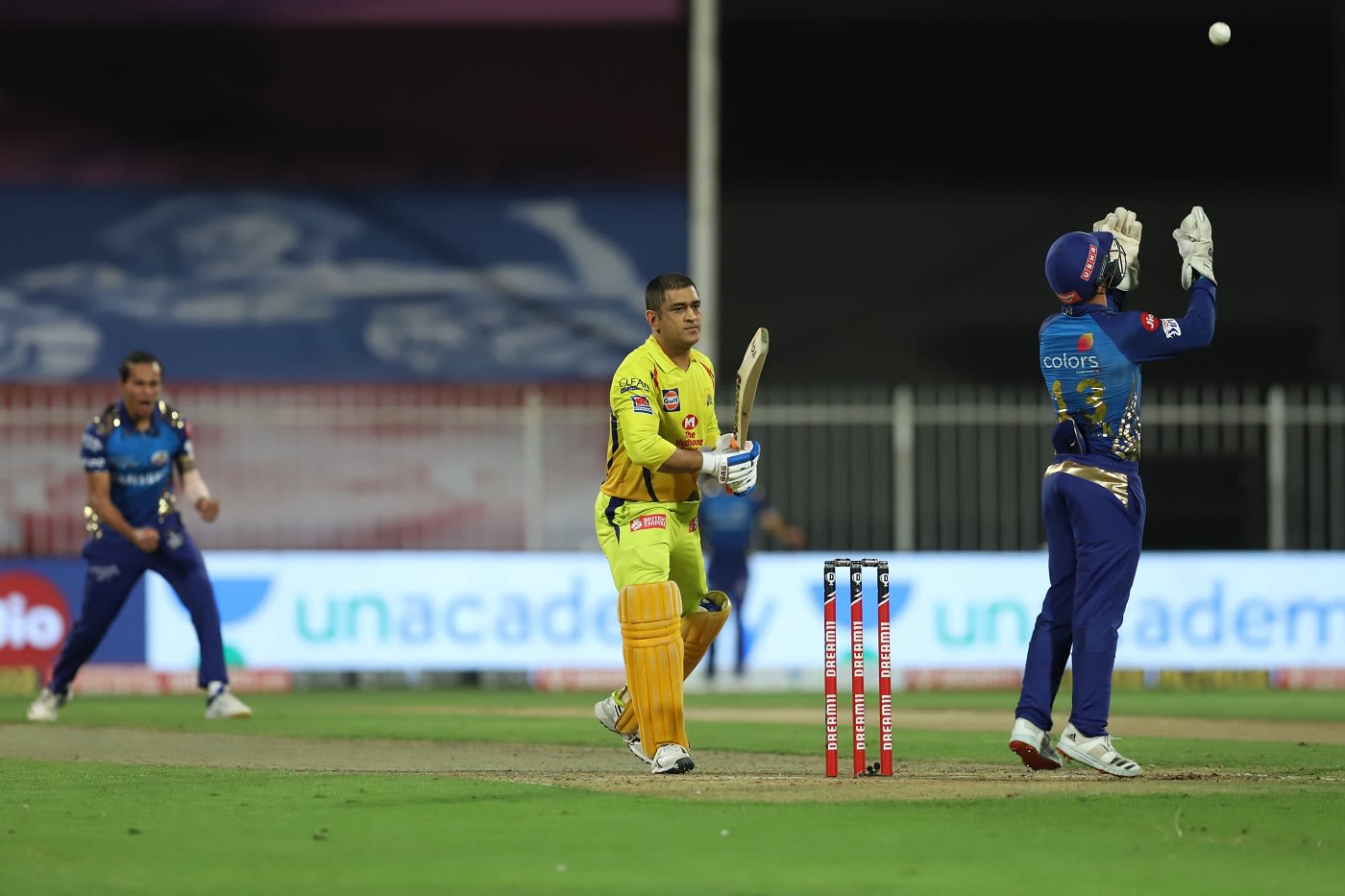 MS Dhoni walks back after being caught behind off Rahul Chahar ...