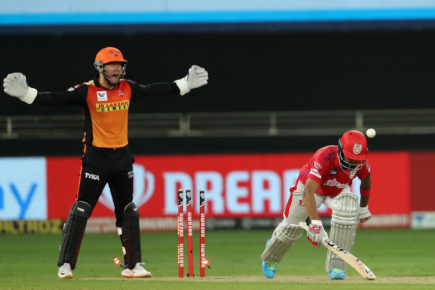 Jonny Bairstow is delighted as KL Rahul is bowled by Rashid Khan ...