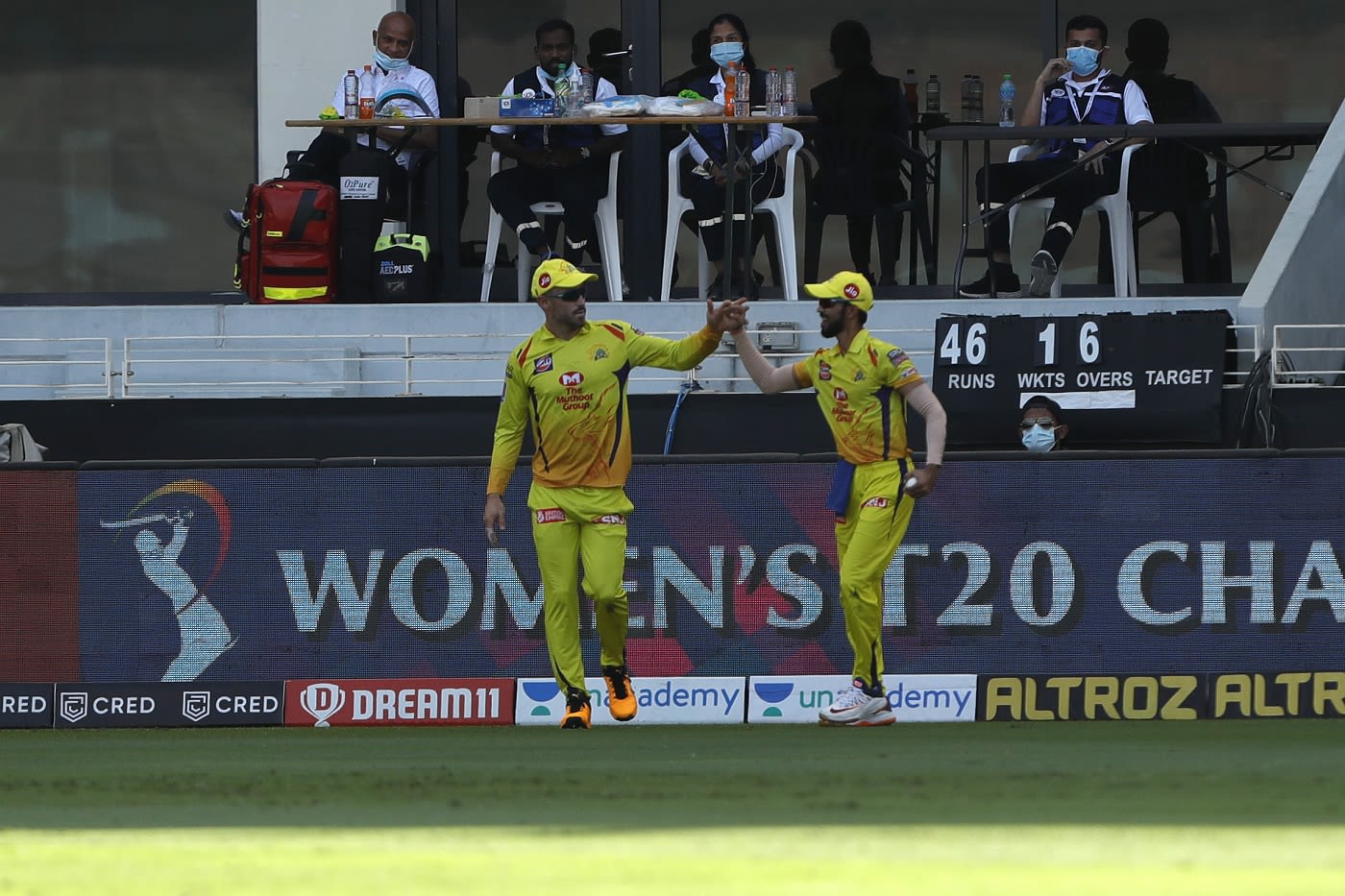 Faf du Plessis and Ruturaj Gaikwad celebrate after effecting a relay ...