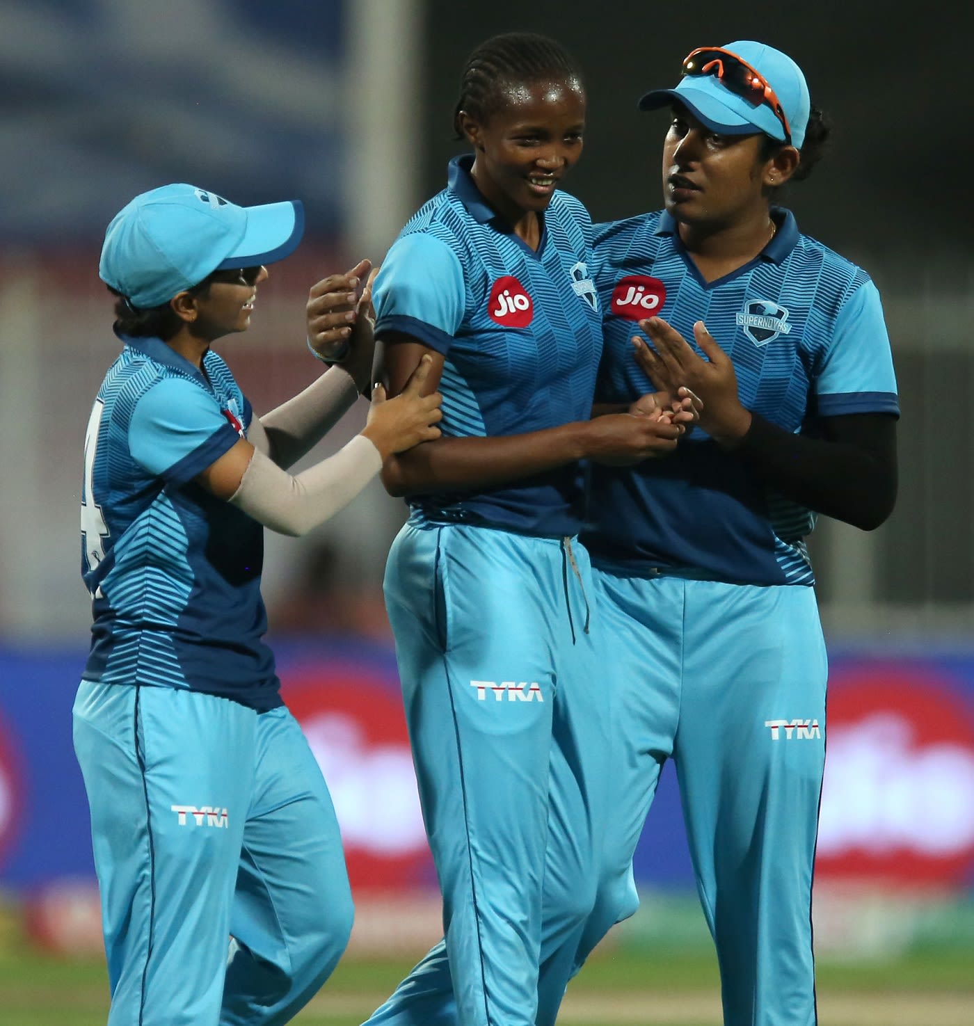 Poonam Yadav, Ayabonga Khaka and Chamari Atapattu celebrate a wicket ...