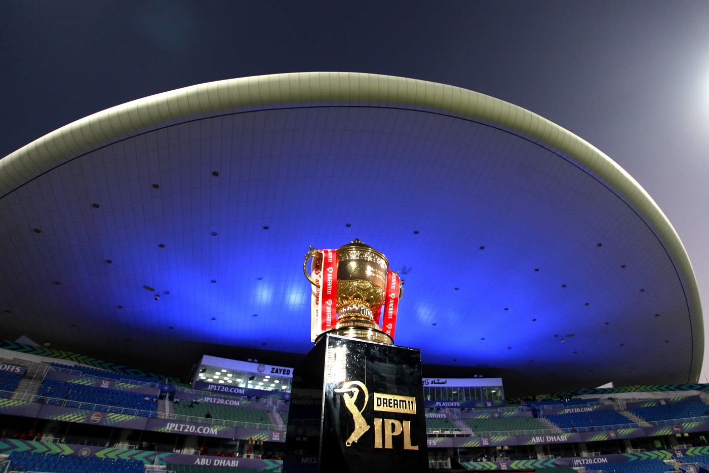 A view of the IPL 2020 trophy on display at the Sheikh Zayed Stadium ...