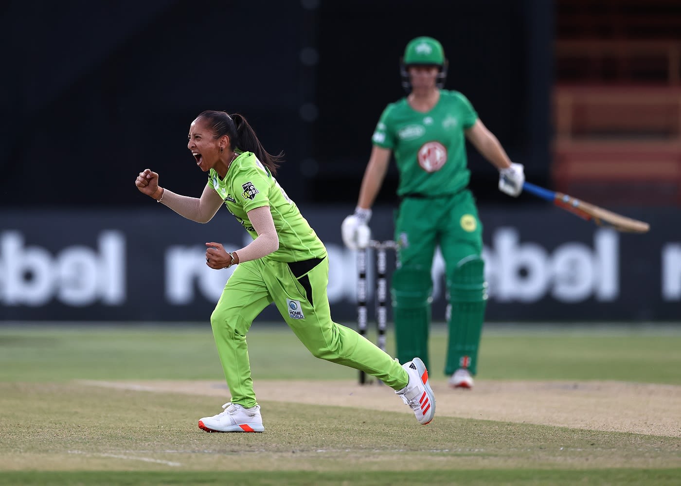 Shabnim Ismail celebrates after getting the wicket of Elyse Villani ...