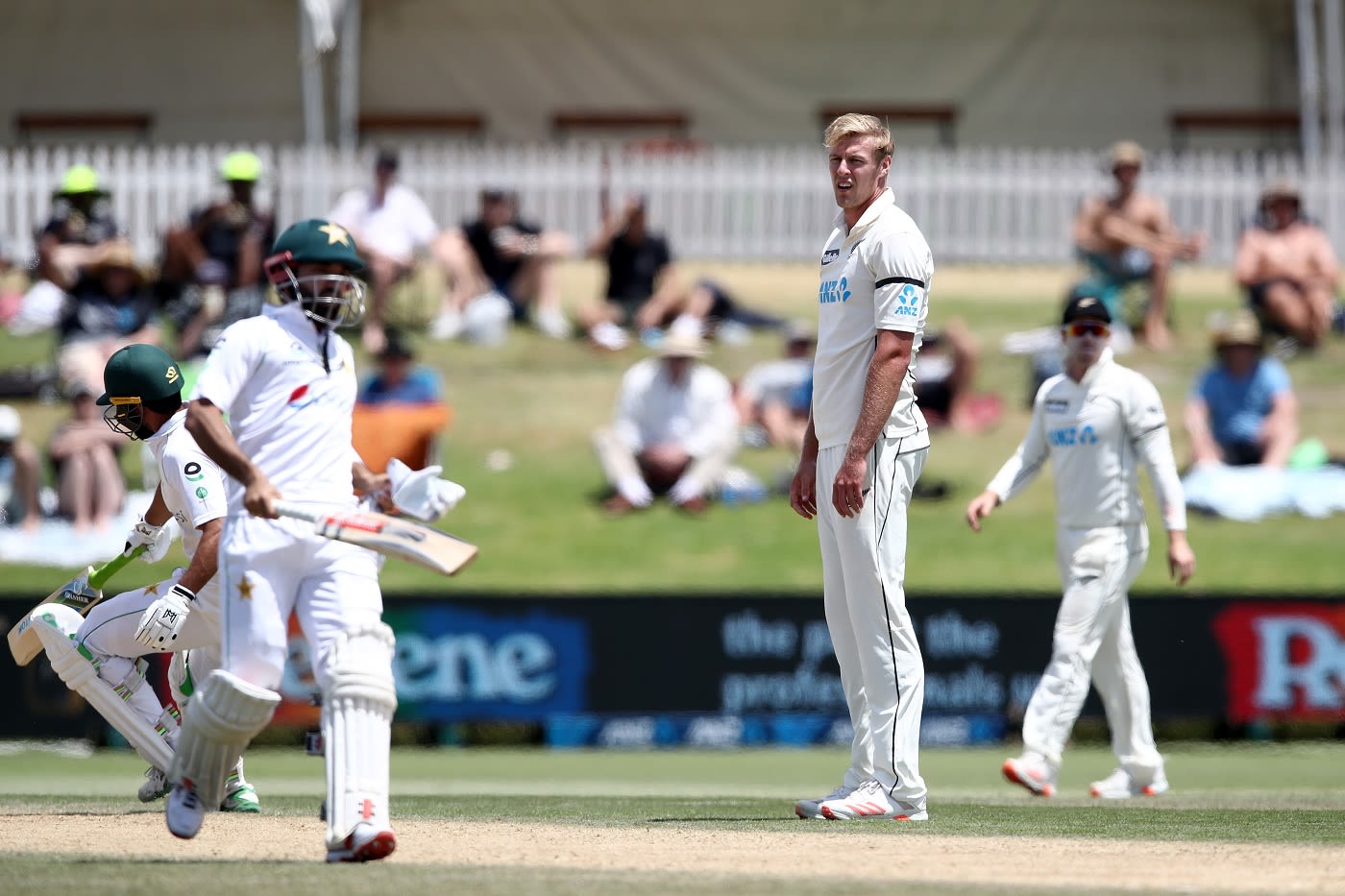 Birthday boy Kyle Jamieson looks on as Mohammad Rizwan and Fawad Alam pinch a run | ESPNcricinfo.com