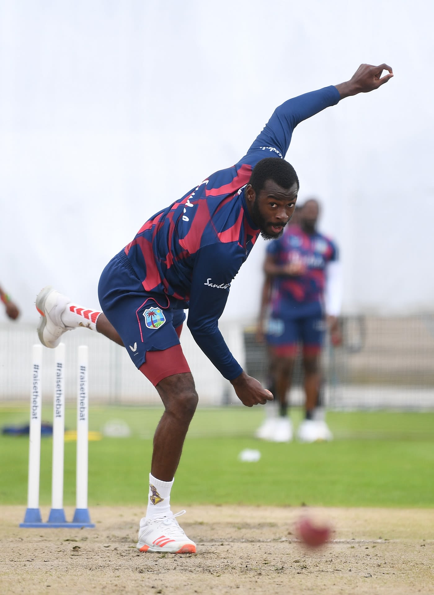 Anderson Phillip bowls during a West Indies nets session at Old ...