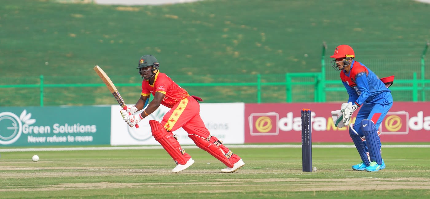 Tarisai Musakanda taps the ball in the direction of midwicket ...