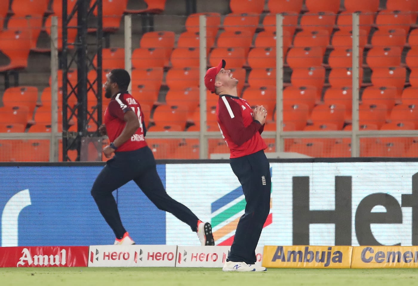 Jason Roy is thrilled after completing step two in a fabulous tandem boundary catch with Chris ...