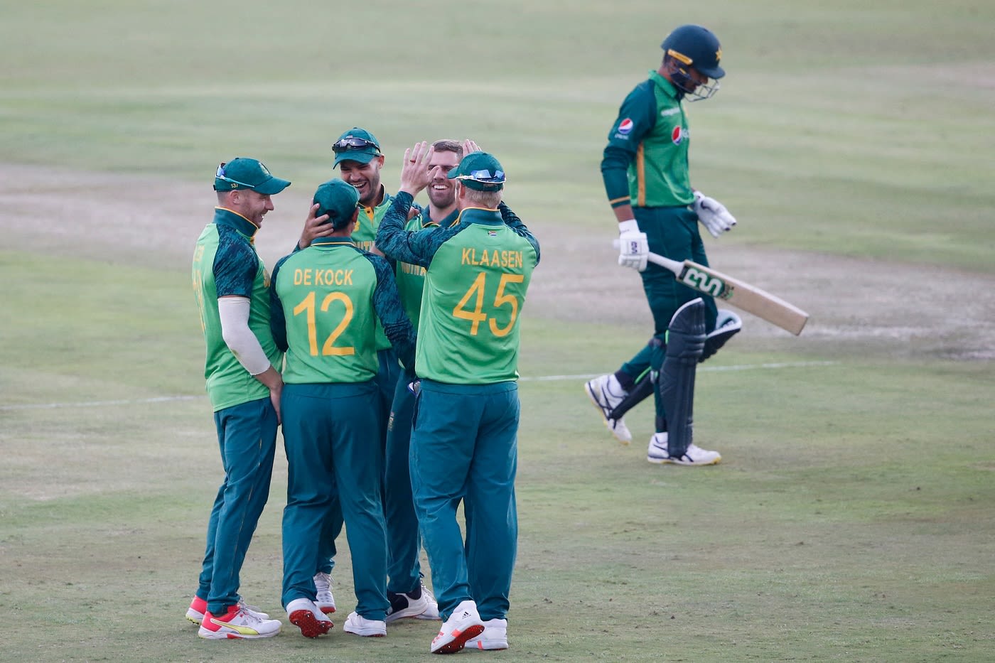 Anrich Nortje celebrates with his team-mates after the dismissal of ...
