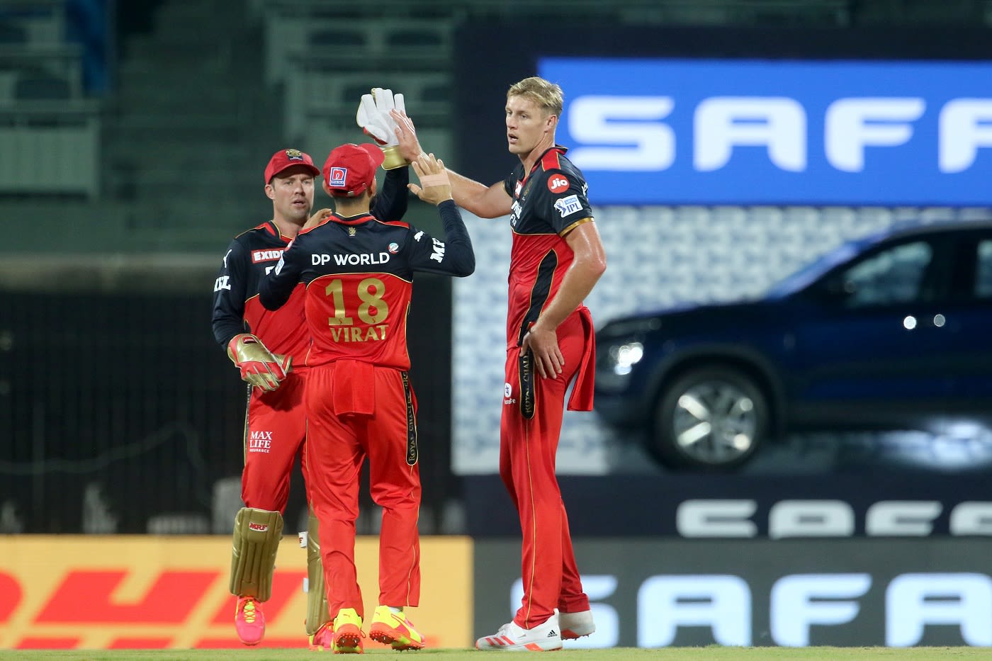 Kyle Jamieson celebrates Suryakumar Yadav's wicket with his team-mates ...
