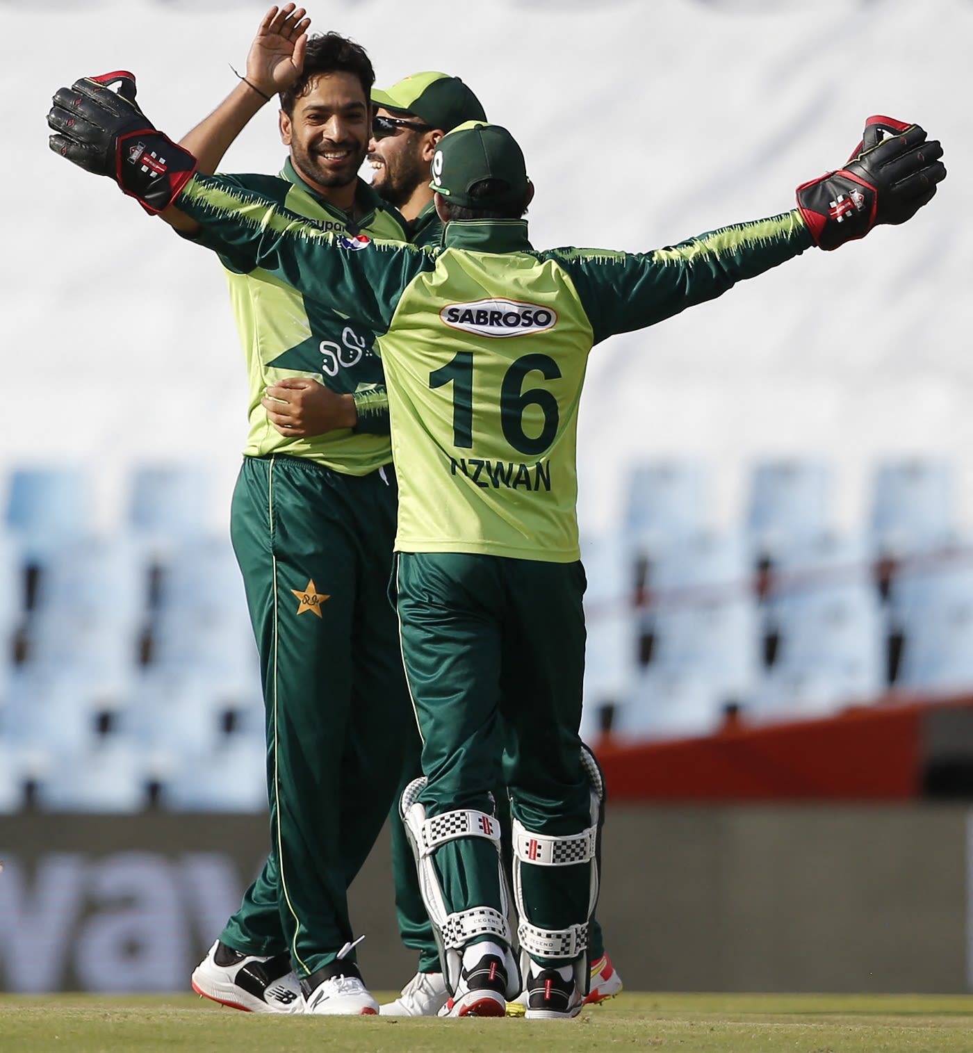 Haris Rauf and Mohammad Rizwan celebrate Rassie van der Dussen's wicket ...