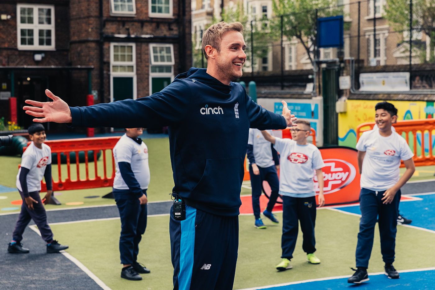 Stuart Broad was coaching schoolchildren at Hague Primary School ...