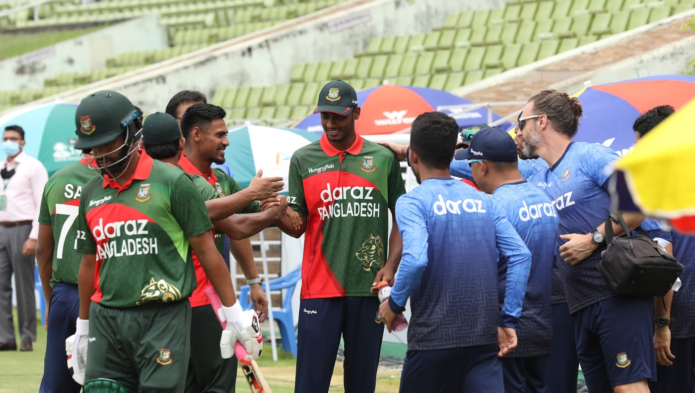 Shoriful Islam is congratulated after receiving his debut ODI cap ...