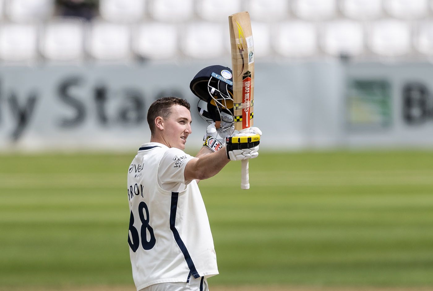 Harry Brook acknowledges the applause on reaching his century ...