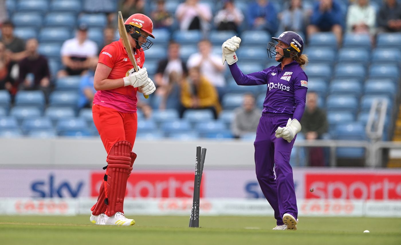 Lauren Winfield-Hill celebrates the wicket of Bryony Smith ...
