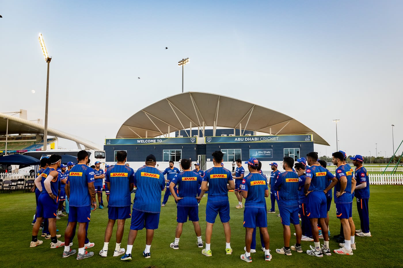 The Mumbai Indians squad in a huddle | ESPNcricinfo.com
