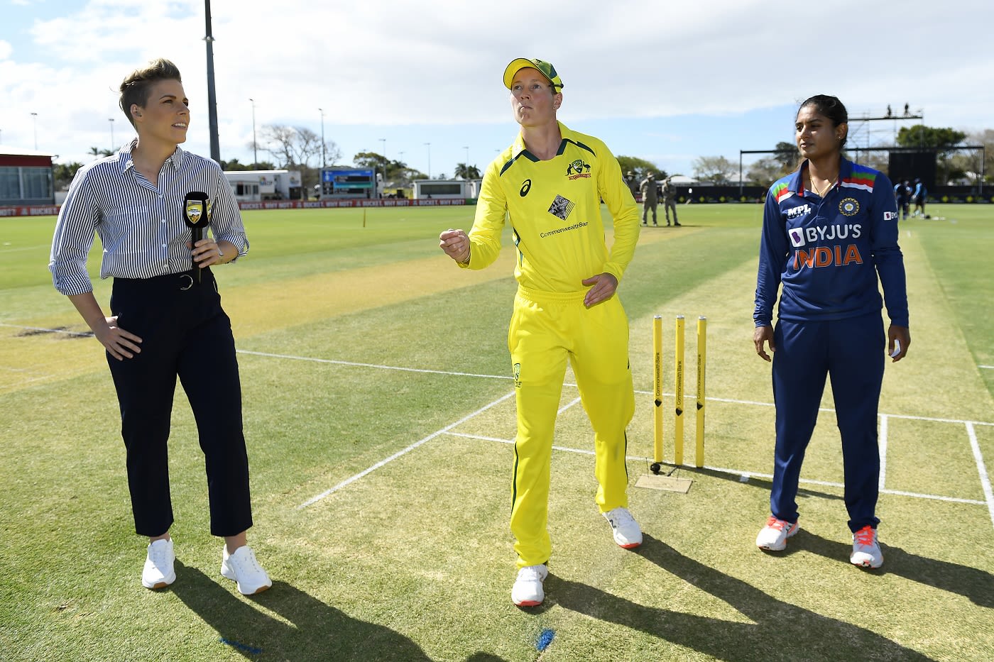 Meg Lanning flips the coin as Mithali Raj and broadcaster Elyse Villani ...