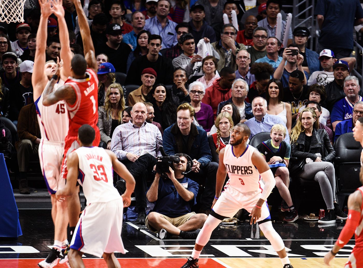 LA Clippers owner watches an NBA game with talk show host Conan O'Brien ...