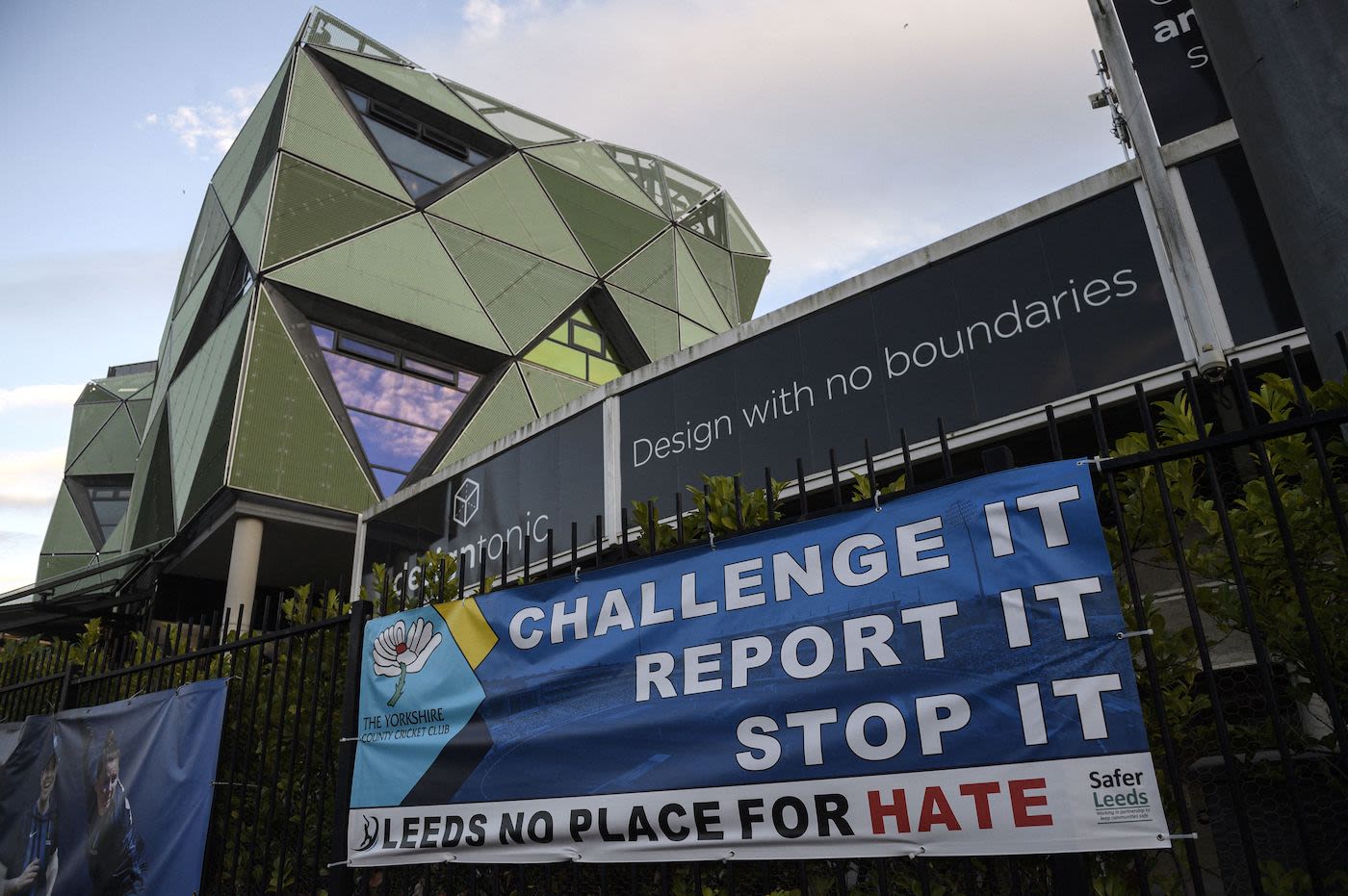 An anti-racism banner hangs outside Yorkshire's Headingley Stadium in ...