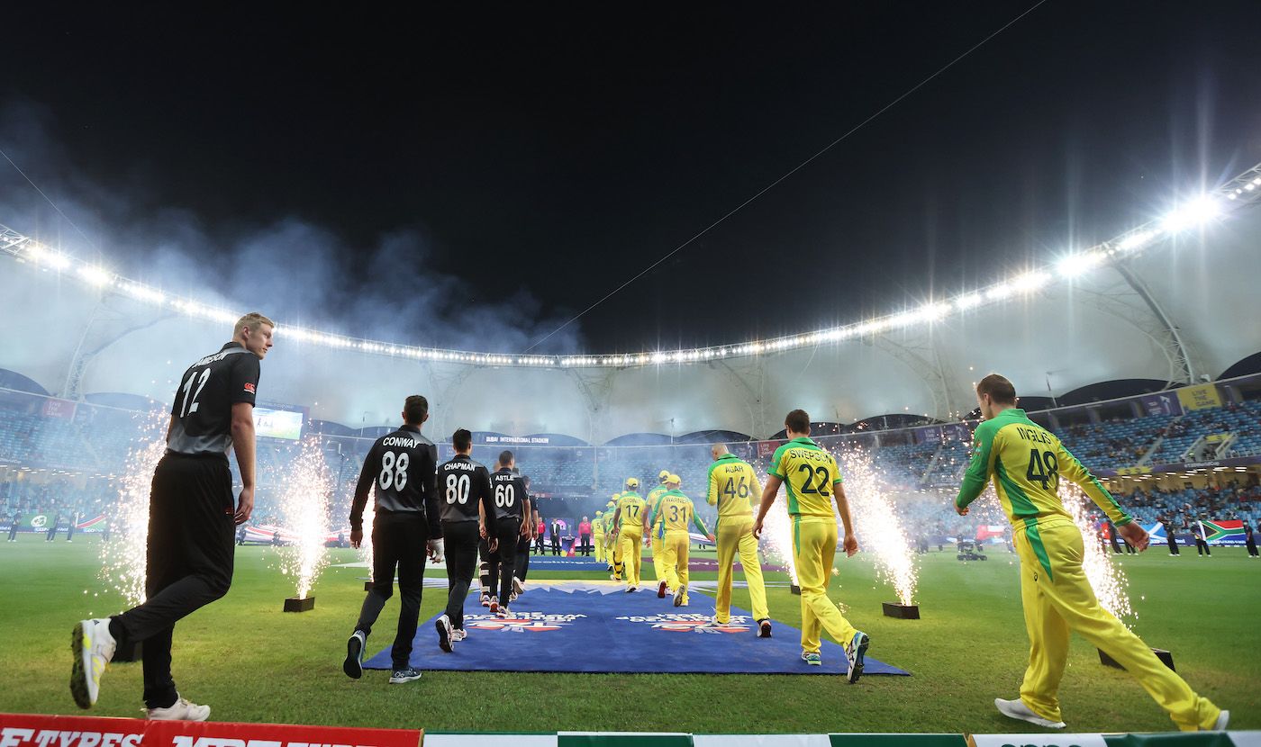 The two teams walk out for the national anthems | ESPNcricinfo.com
