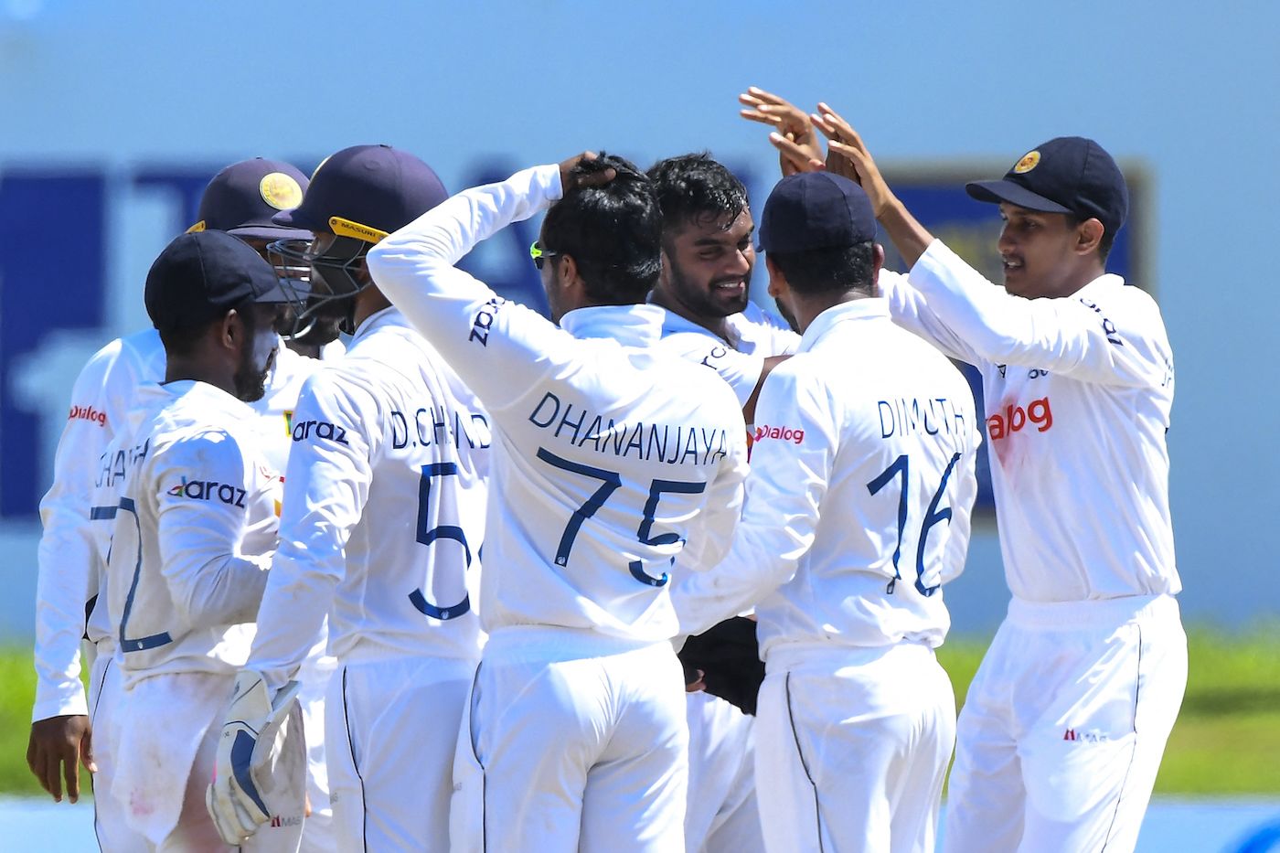 Lasith Embuldeniya celebrates the wicket of Kraigg Brathwaite with his ...