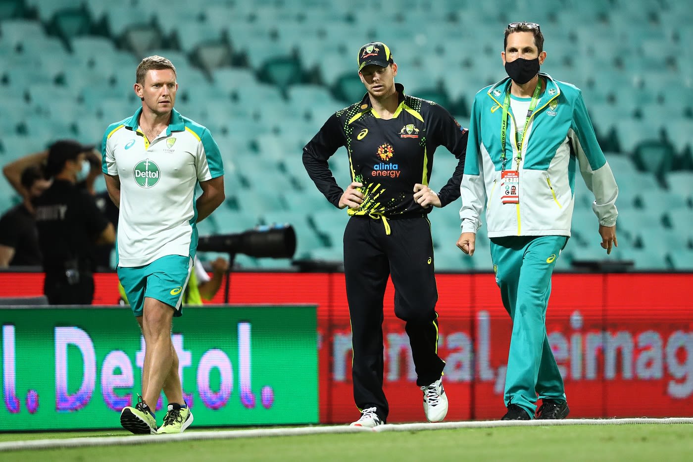 Steve Smith walks after banging his head on the ground during a ...