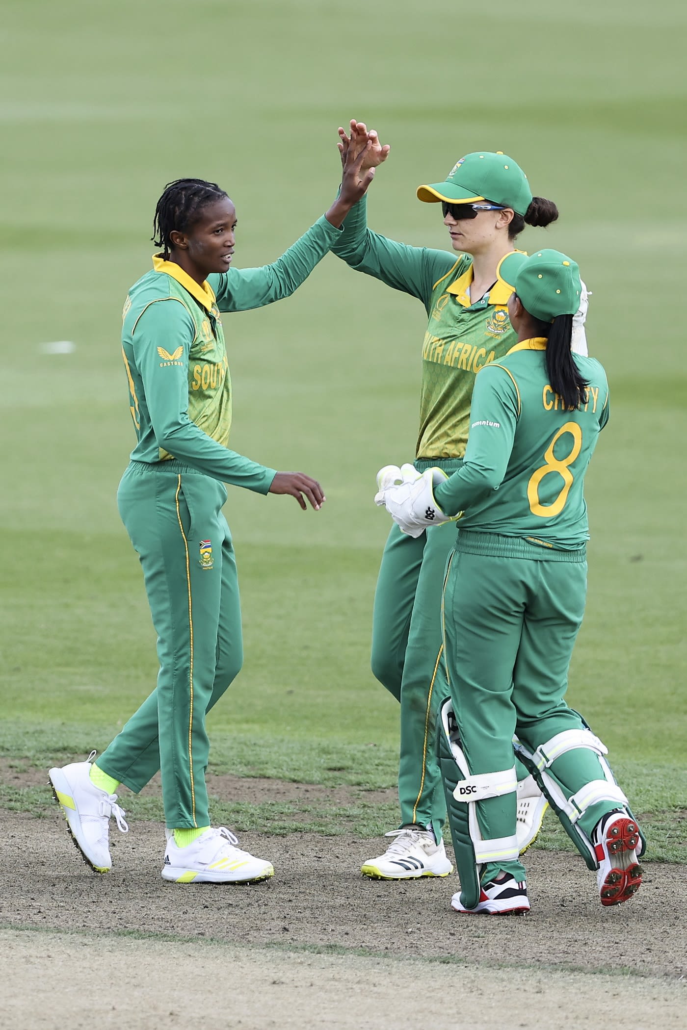 Ayabonga Khaka celebrates a wicket with Laura Wolvaardt and Trisha ...