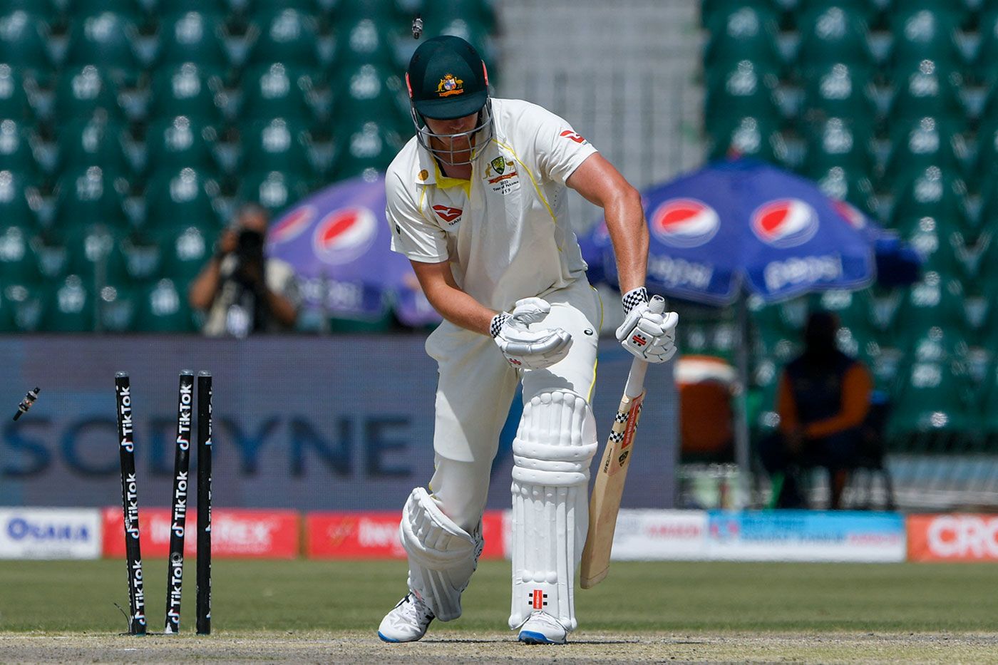 Cameron Green was cleaned up by some excellent bowling from Naseem Shah ...