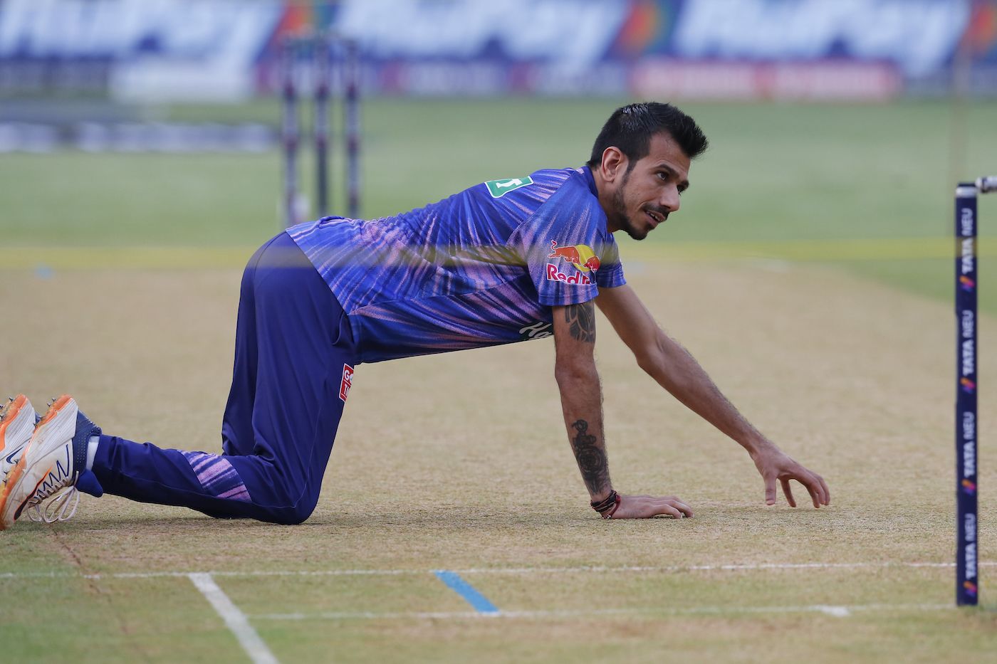 Yuzvendra Chahal has a look at the pitch ahead of the toss ...